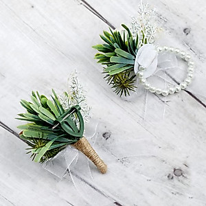 Corsage and Boutonniere Set,2PCS Artificial Rose Wrist Corsage Wristlet,for Wedding Bridal Bridesmaid Wrist Corsage Corsage Ball Decoration (White)