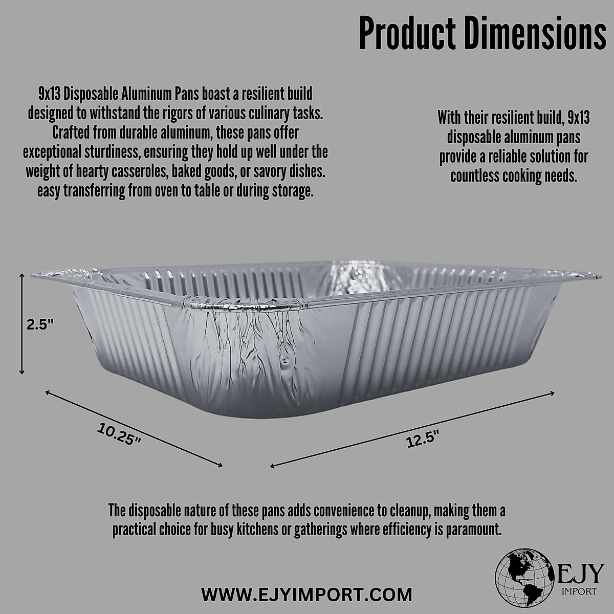 EJY IMPORT Aluminum Pans Half Size, 9x13, Heavy Duty Disposable Foil Pans For Baking, Chafing & Roasting, Deep Tin Foil Bakeware, Food Prepping, Steam Table Tray. (10 Pack, With Lids)