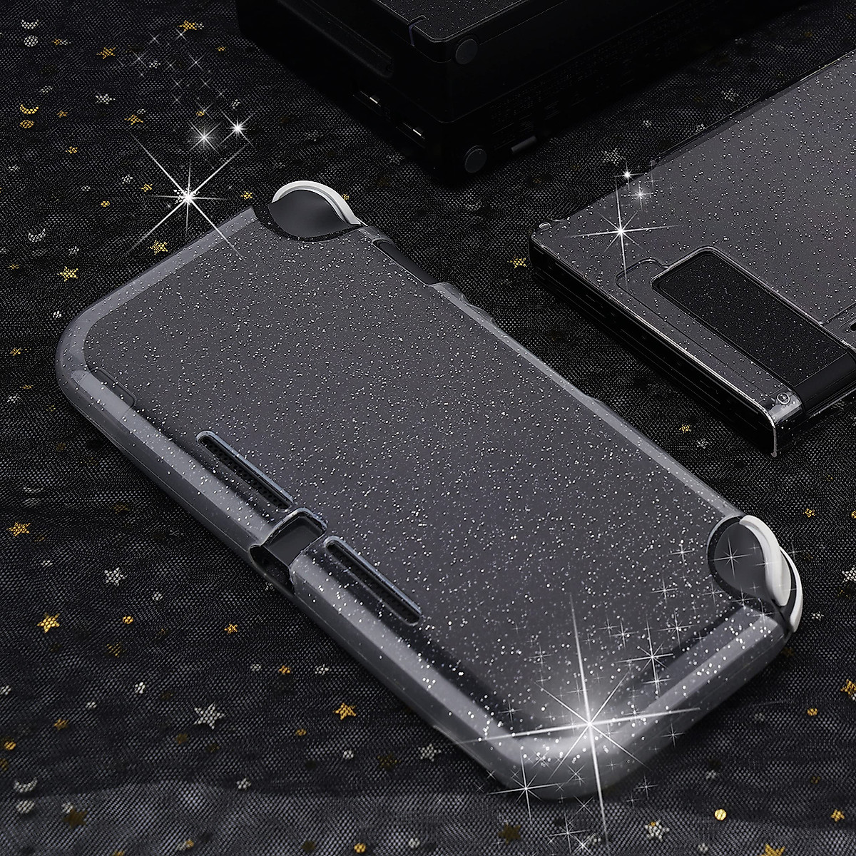 BelugaDesign Glitter Switch Bundle | Clear Snap on Case, Vinyl Wrap, Crystal Thumb Grips | Shiny Cute Pastel Accessories | Compatible with Nintendo Switch (Switch Lite, Black)