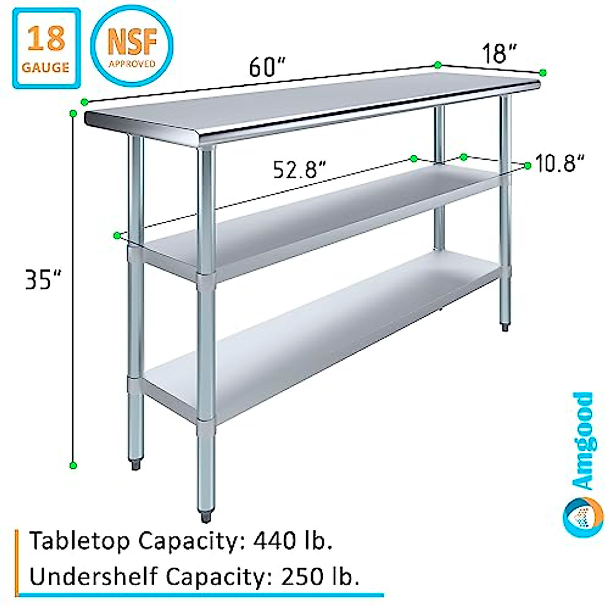 60" Long X 18" Deep Stainless Steel Work Table with 2 Shelves | Metal Food Prep Station | Commercial & Residential NSF Utility Table