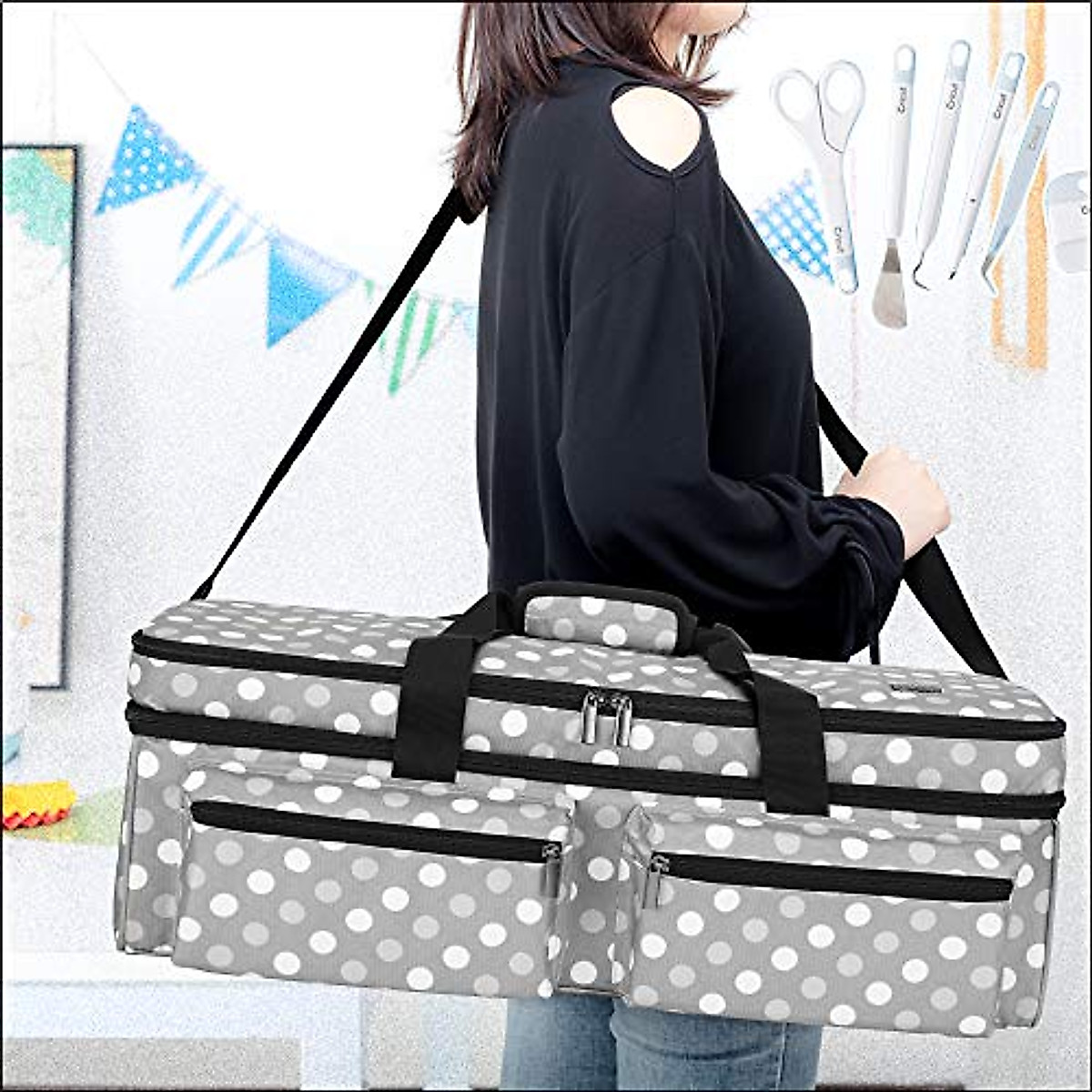 LUXJA Double-Layer Bag Compatible with Cricut Explore Air (Air2) and Maker, Carrying Bag Compatible with Cricut Die-Cut Machine and Supplies (Bag Only, Patent Design), Gray Dots