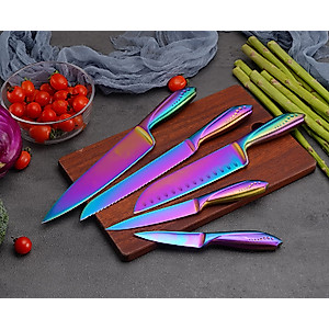 Hollory Rainbow Kitchen Knife Set 5 Piece, Super Sharp German Stainless Steel Blade with 8 in Chef, 8 in Bread, 7 in Santoku, 5 in Utility, 3.5 in Paring - Gift Box