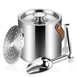 Bakpoco Double-Wall Vacuum Insulated Ice Bucket with Lid, Scoop, Ice Tong, Strainer & Leather Handle Keep Ice Frozen Longer Large Wine Ice Buckets for Cocktail Bar,Parties Chilling Beer Champagne 3L