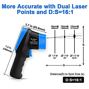 HOLDPEAK HP-985B Infrared Thermometer Non-Contact, -58℉~2480℉ (-50℃～1360℃), Dual Laser Digital IR Thermometer Gun with Adjustable Emissivity for Forge Melting Furnace Kilns Industry 【NOT for Human】