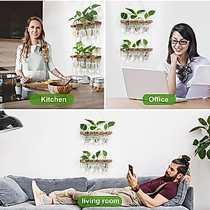 RENMXJ Wall Hanging Plant Propagation Station - 6 Bulb Vase 2 Tiered Wooden Stand Plant Terrarium kit,Home Office Bathroom Kitchen Decor,Wall Planters for Indoor Plants,Gardening Gifts for Women