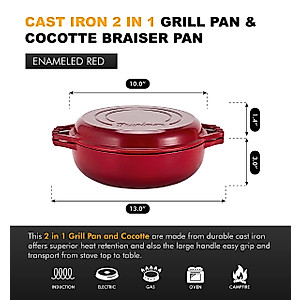 Bruntmor 2-in-1 Pre-Seasoned Cast Iron Pan |Cocotte Double Braiser Pan with Grill Lid 3.3 Quarts - Barbecue Grill Non Stick Frying Pan - Nonstick Cookware Set with Wide Handle (Red)