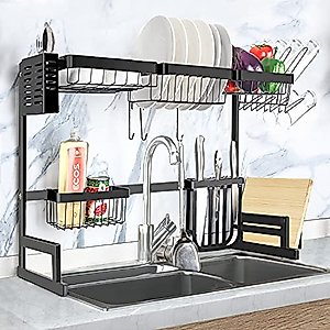 Over The Sink Dish Drying Rack, 2 Tier Stainless Steel Large Dish Racks for Kitchen Counter, Length Adjustable Dish Drainers with Utensil and Chopstick Holder (Sink Size≤36 INCH)-Black