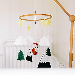 Sorrel + Fern Baby Crib Mobile (Woodland Fox) - Nursery Decoration - Ceiling Mobile and Crib Mobile - Hypoallergenic Eco-Felt, Unfinished Wood, Adjustable, Green, Grey, Yellow, Red/Brown