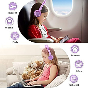 LOBKIN Unicorn Kids Headphones Cat Ear, Wired Toddler Headphones with LED Light Up, 85dB Volume Limited, Foldable 3.5mm Jack Girls Headphones for School/Travel/iPad/Tablet - Purple