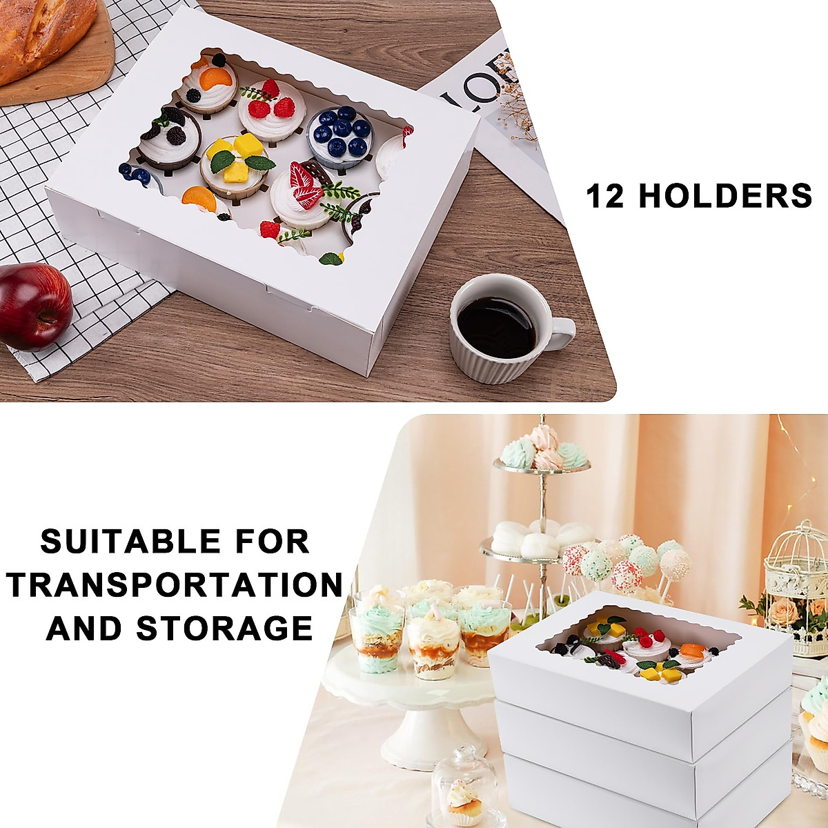 Hoewina 6PCS Cupcake Boxes - Hold 12 Count Cupcake Containers with Window, Food Grade Cupcake Holder Easy Transport and Presentation - Ideal for Cupcakes, Desserts, and More