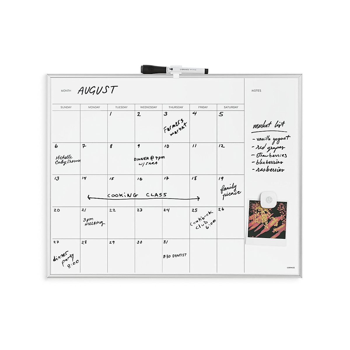 U Brands Magnetic Monthly Calendar Dry Erase Board, 16 x 20 Inches, Silver Aluminum Frame, Magnet and Marker Included (361U00-01),Silver Frame