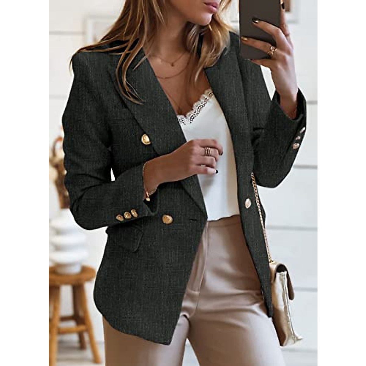 Happy Sailed Womens Tweed Blazer Jackets Fashion Double Breasted Lapel Collar Business Blazers with Pockets Long Sleeve Open Front Office Professional Blazer Work Suits 2023 Black Large