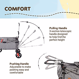 Busy Bee Foldable Wagon Stroller for 2 Kids, Push Pull Collapsible Kids Wagon with Adjustable Handle Bar, Removable Canopy, 5-Point Harness, Shock-Absorbing Wheels, Grey