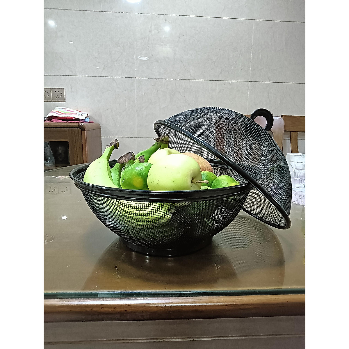Mesh Wire Fruit Basket with Lid for Vegetables, Restaurant Kitchen Produce Containers Φ10.7" 2 Colors (White + Black) Total 2 Pack