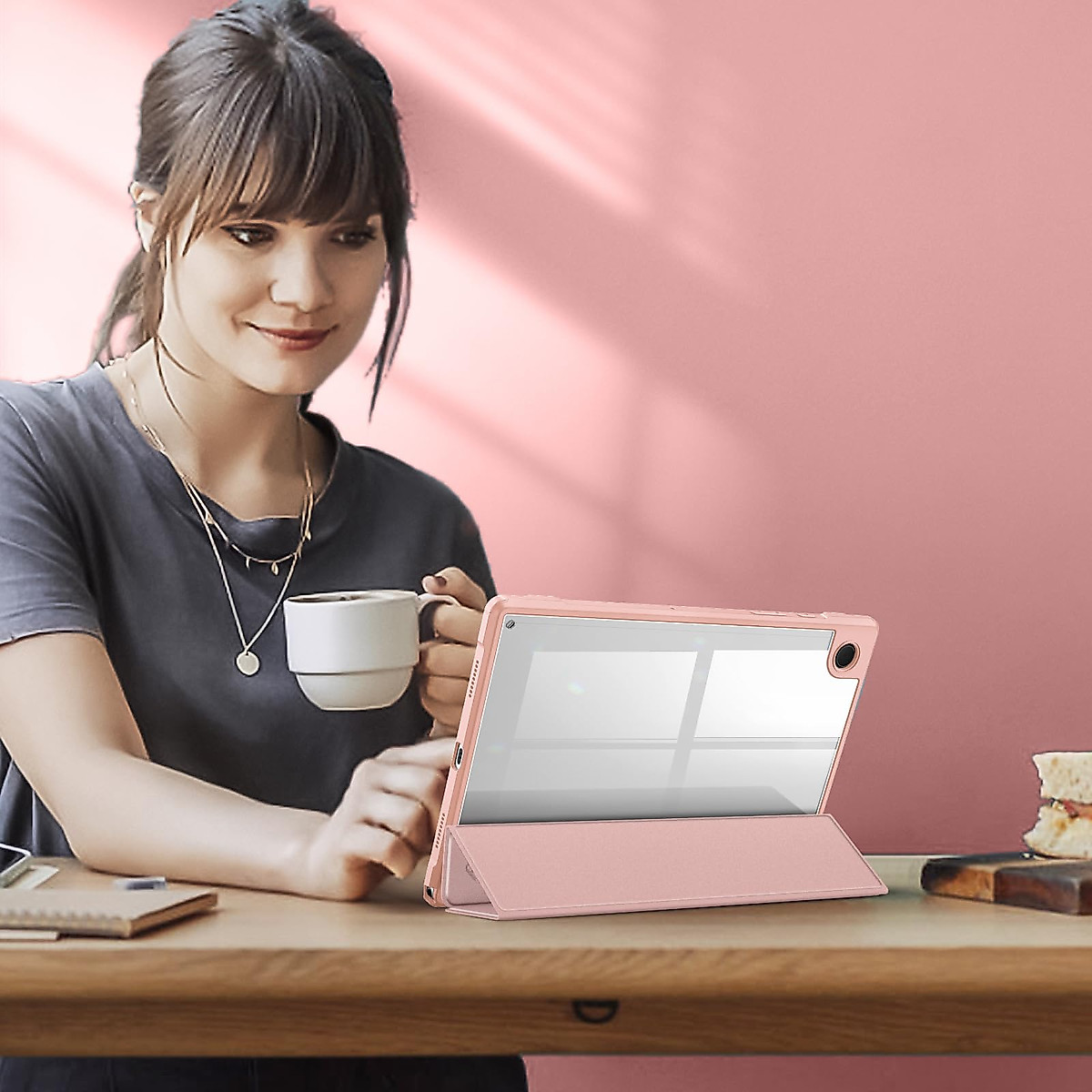 Fintie Hybrid Slim Case for Samsung Galaxy Tab A8 10.5 Inch 2022 Model (SM-X200/X205/X207), Shockproof Cover with Clear Transparent Back Shell, Auto Wake/Sleep, Rose Gold