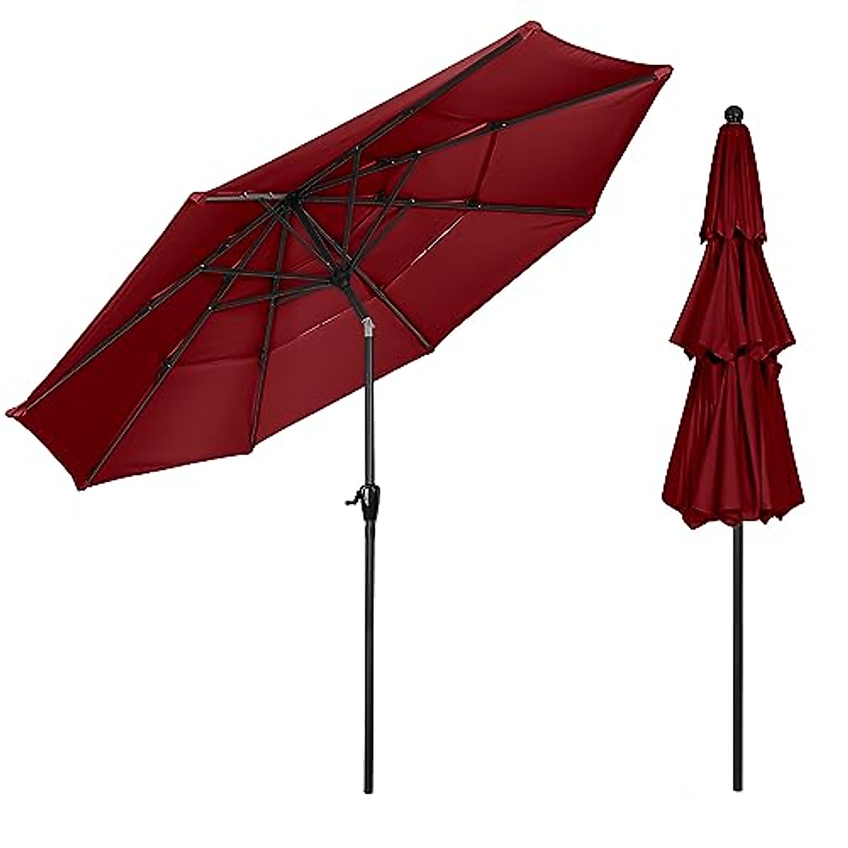 Pure Garden 10 ft Patio Umbrella - 3-Tiered Sunshade with Push Button Tilt and Easy-Open Crank - Outdoor Umbrella for Deck, Yard, or Pool (Red)