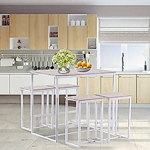 SSLine 5-Piece Bar Table and Chair Set,Modern Industrial Pub Bar Dining Table Set Wood Kitchen Table Set,Counter Height Dining Set with 4 Stools (Oak White)
