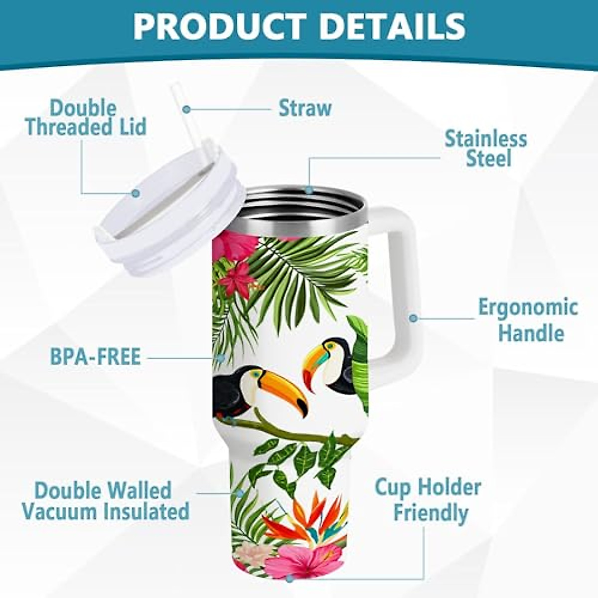Burbuja Toucans Hibiscus 40oz Insulated Tumblers with Handle and Straw Lid, Double Wall Stainless Steel Travel Mug Leak-Proof, BPA Free, Gift for Mom Dad