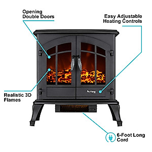 e-Flame USA Jasper Freestanding Electric Fireplace Stove Heater - Realistic 3-D Log and Fire Effect (Black)