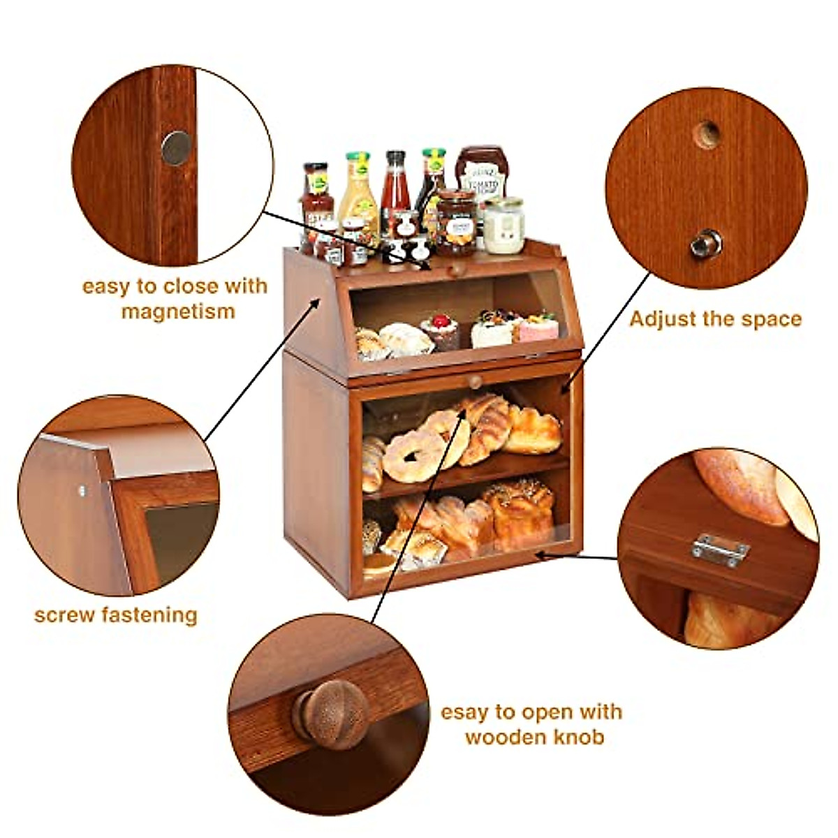 X-cosrack Large Double Separable Bamboo Bread Box Storage with Clear Window and Adjustable Compartment for Kitchen Countertop,Red