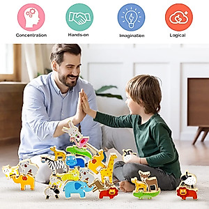 Wooden Animal Blocks Stacking and Balancing Toy, Toddler Big Wood Animal Figures Blocks, Preschool Educational Toys and Stack Balance Games for Kids