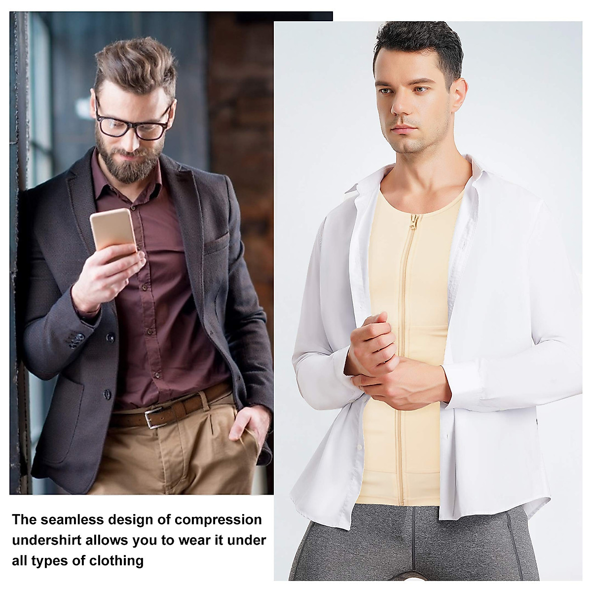 Eleady Men's Compression Shirt Undershirt Slimming Body Shaper Athletic Workout Shirts Tank Top Sport Vest with Zipper (Beige, Medium)