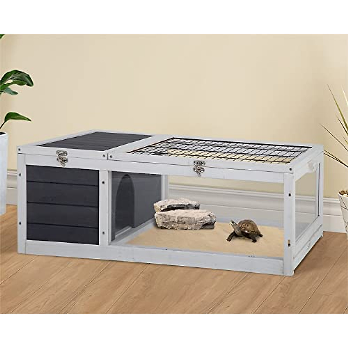 Tortoise House Wooden Turtle Habitat w/Removable Bottom, Large Reptile Cage Indoor Small Animals Habitats for Lizards, Bearded Dragon