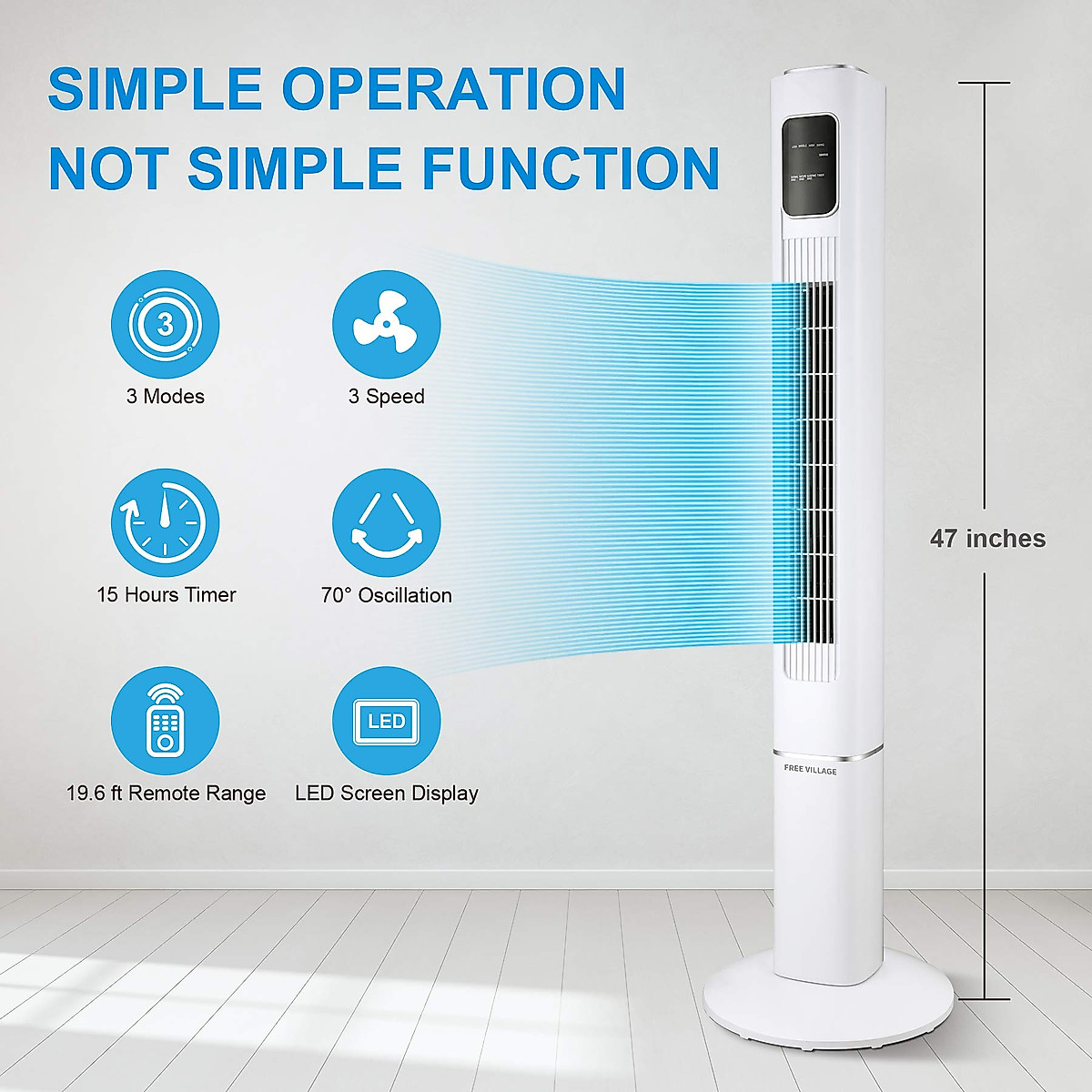 FREE VILLAGE 47'' Bladeless Tower Fan - 47 Inch Portable Tower Fan with Remote, 15 Hours Timer, 70¡ã oscillation, LCD Display, Compact Size, 3 Modes and 3 Speed Settings, Safe for Kids and Pets, White