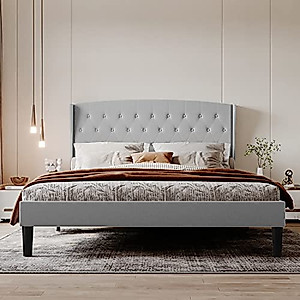 BONSOIR Queen Size Bed Frame Upholstered Traditional Low Profile Platform with Tufted Wing Back Headboard/No Box Spring Needed/No Bed Skirt Needed/Linen Fabric Upholstery/Light Grey (Queen Size)