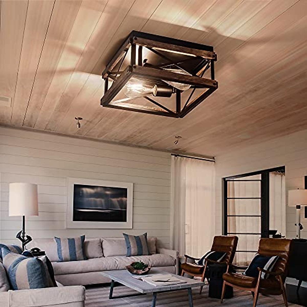 Mayful Flush Mount Light Fixture, 2-Light Rustic Ceiling Light Combine with Metal and Wood Frame, Farmhouse Flush Mount Ceiling Light for Kitchen Hallway Entryway Bedroom Porch Living Room…