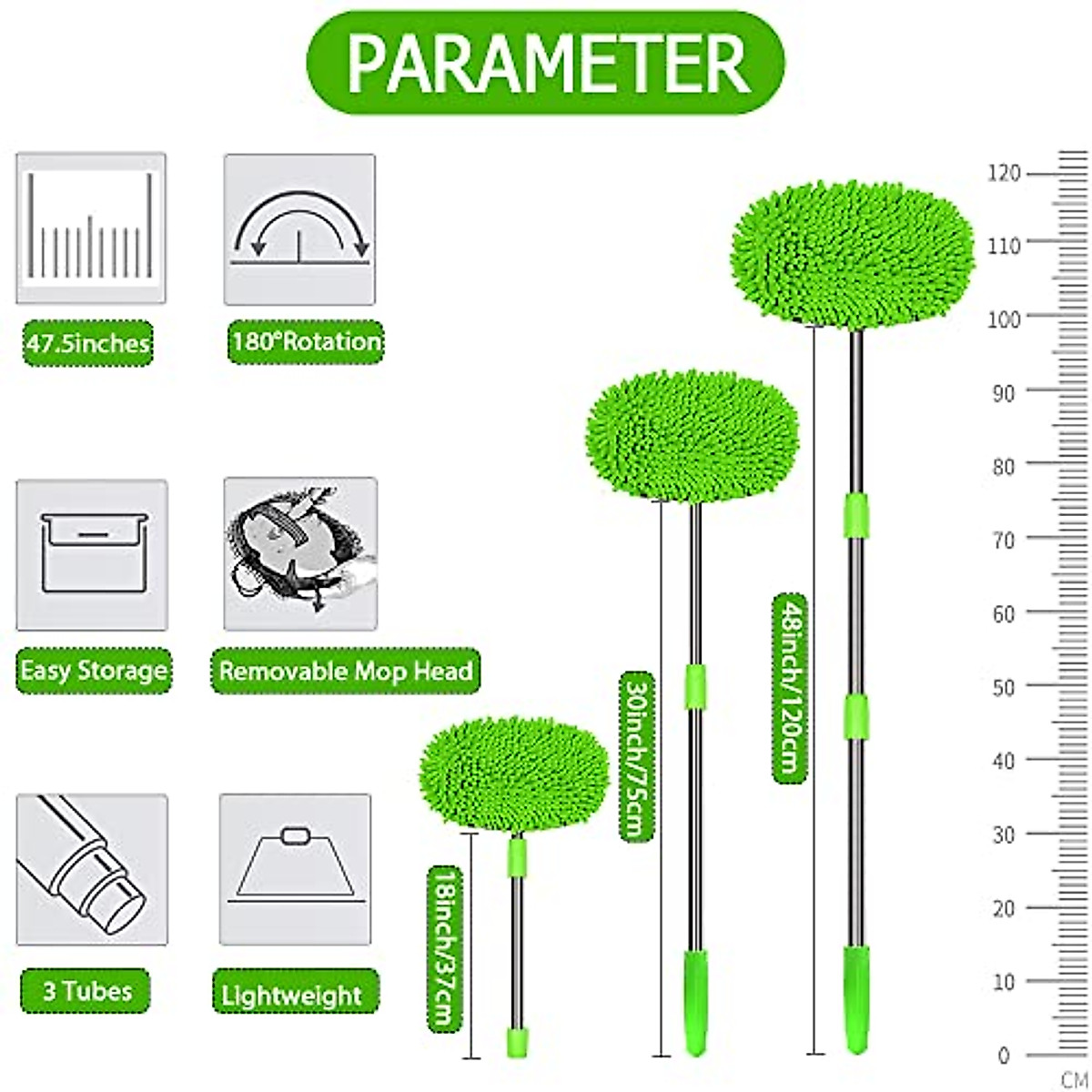 WillingHeart 47.5" Car Wash Brush Mop Cleaning Tool with Long Handle Kit for Washing Detailing Cars Truck, SUV, RV, Trailer, Boat 2 in 1 Chenille Microfiber Sponge Duster Not Hurt Paint Scratch Free