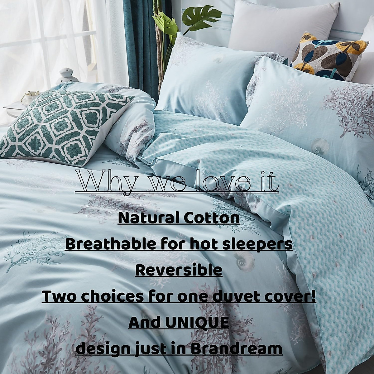 Brandream Coastal Beach Bedding Set Queen Size 100% Cotton Duvet Cover Set Tropical Coral Seashells Bedroom Set 3-Piece (No Comforter)