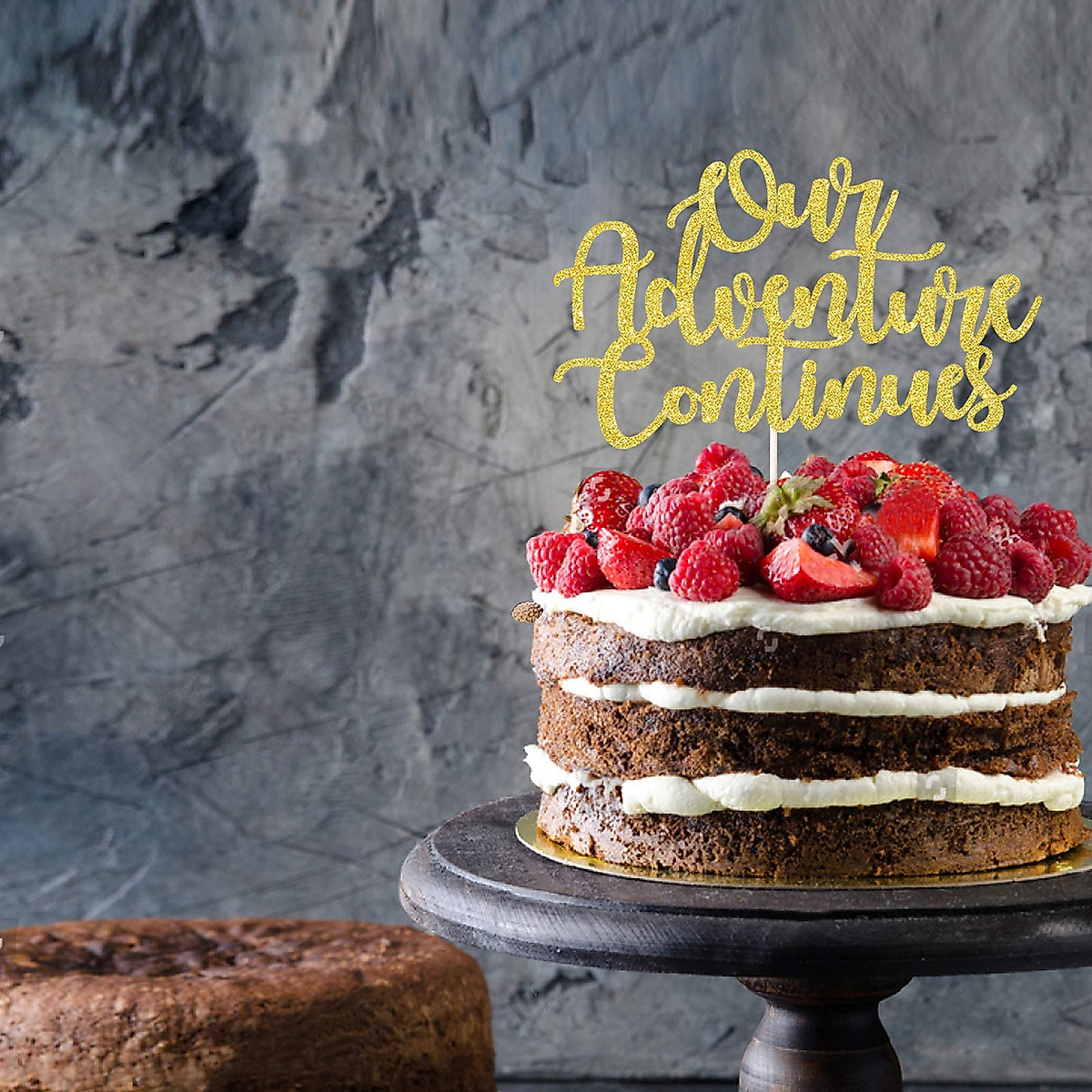 Glitter Gold Our Adventure Continues Cake Topper，Bridal Shower Cake Topper，Engagement Cake Topper，Wedding Anniversary Party Decor，Travel Themed Vow Renewal Decorartions