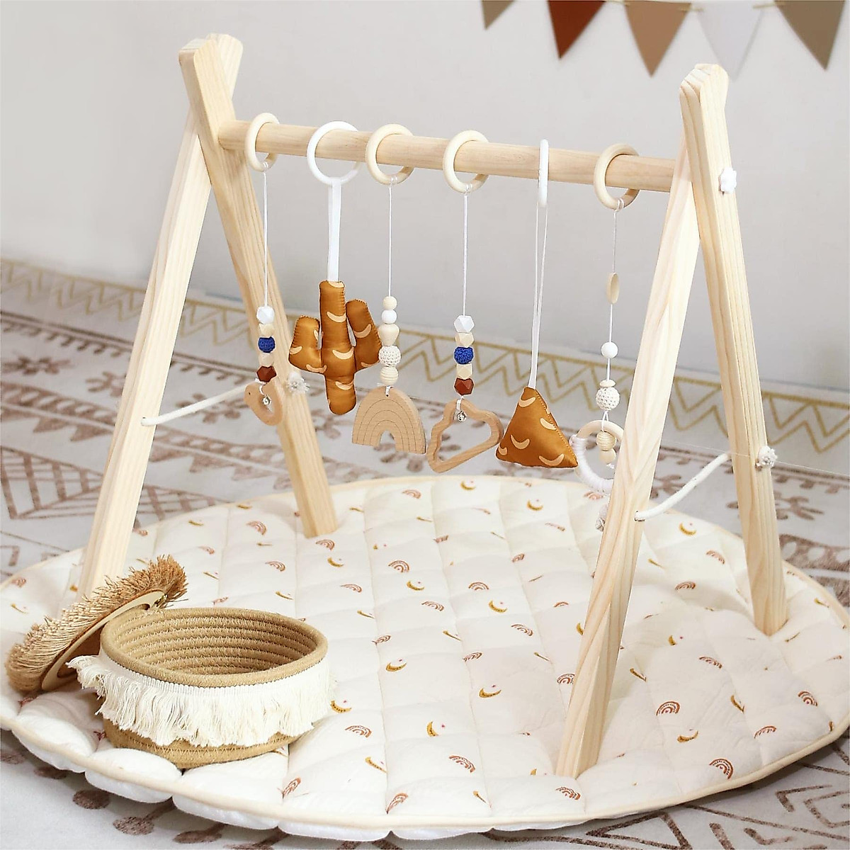 PgUp Wooden Baby Play Gym with Rainbow Mat, Foldable Baby Gym with Soft Playmats & 6 Hanging Toys for Baby Play & Learn, Toddler Activity Center Wooden Play Gym Newborn Gift for Baby Girls and Boys