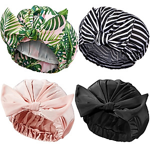 4 Pieces Shower Caps for Women, Waterproof Reusable Shower Hair Caps Elastic Hem Turban Shower Bath Caps Bowknot Satin Bath Hair Caps for Long Short Curly Hair (Stripe, Black, Beige,Palm Leaves)