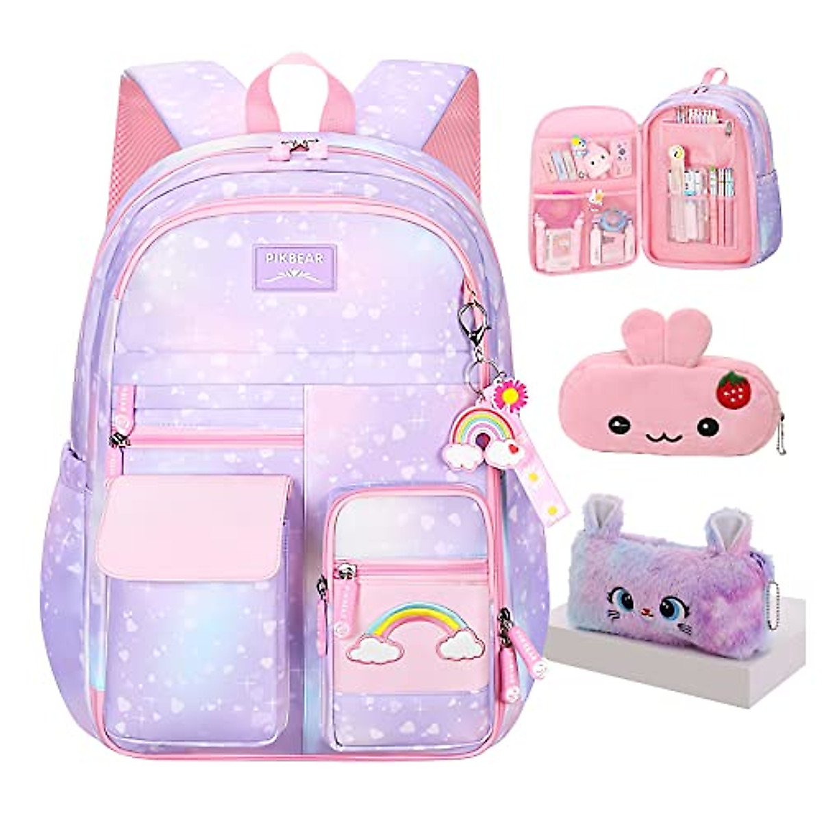 Jcobvig Kawaii Backpack For Girls Kids,Cute Student School Backpack With Pen Bag,Purple Aesthetic Starry Rainbow Laptop Travel Bag (Purple Medium 16.5in