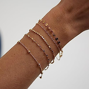 MIDEEO Gold Layered Bracelet for Women 14K Gold Plated Layered Dainty Wafer Point Lip Chain Beads Bracelet Set Silver Bracelet Simple Layering Set Women Jewelry Gift
