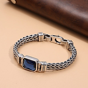 Myshiwu 925 Sterling Silver Wheat Bracelet Vintage Thai Silver Blue Cubic Zirconia Wheat Bar Bracelet for Men Women Gift (1pc Blue Cubic Zirconia, 20cm)