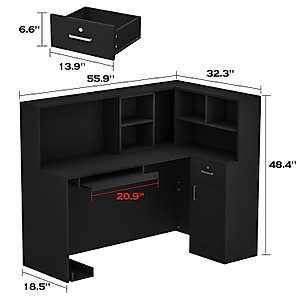 DiDuGo Reception Desk Front Desk Reception Counter, L Shaped Reception Room Table with Storage, Keyboard & Shelves and Drawer, for Salon Office Black (55.9”W x 32.3”D x 48.4”H)