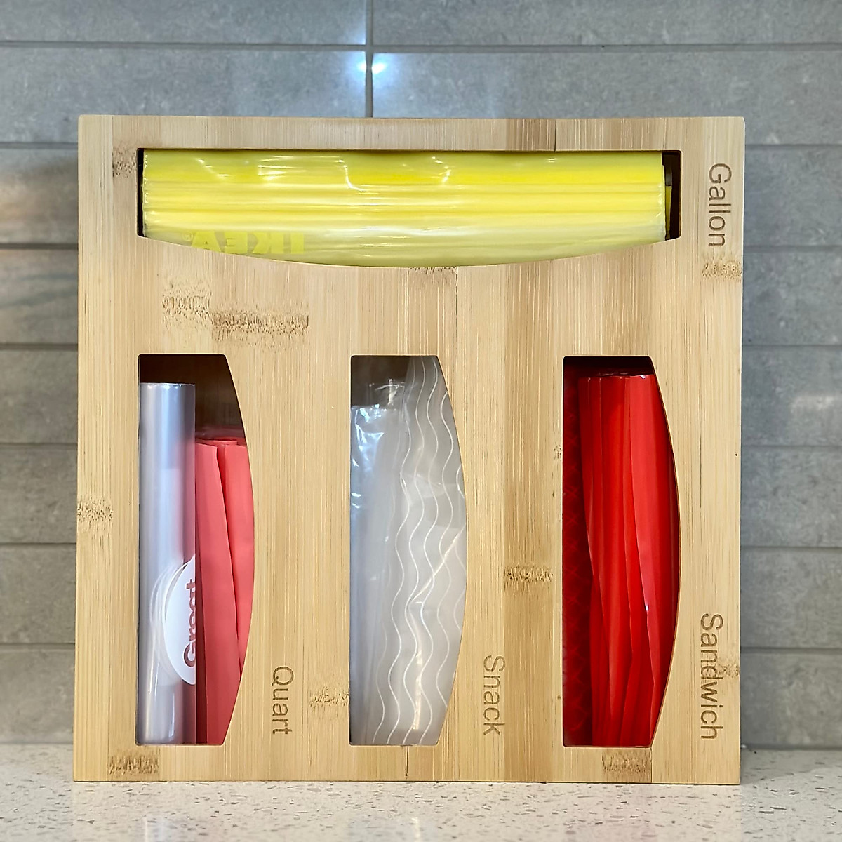 Bamboo Ziplock Bag Storage Organizer w/ 4 Compartments - Baggie Organizer for Kitchen Drawer - Compatible Gallon, Snack, Sandwich, Quart Size Ziplock Bags - Wall Hang, Ziplock Organizer for Drawer