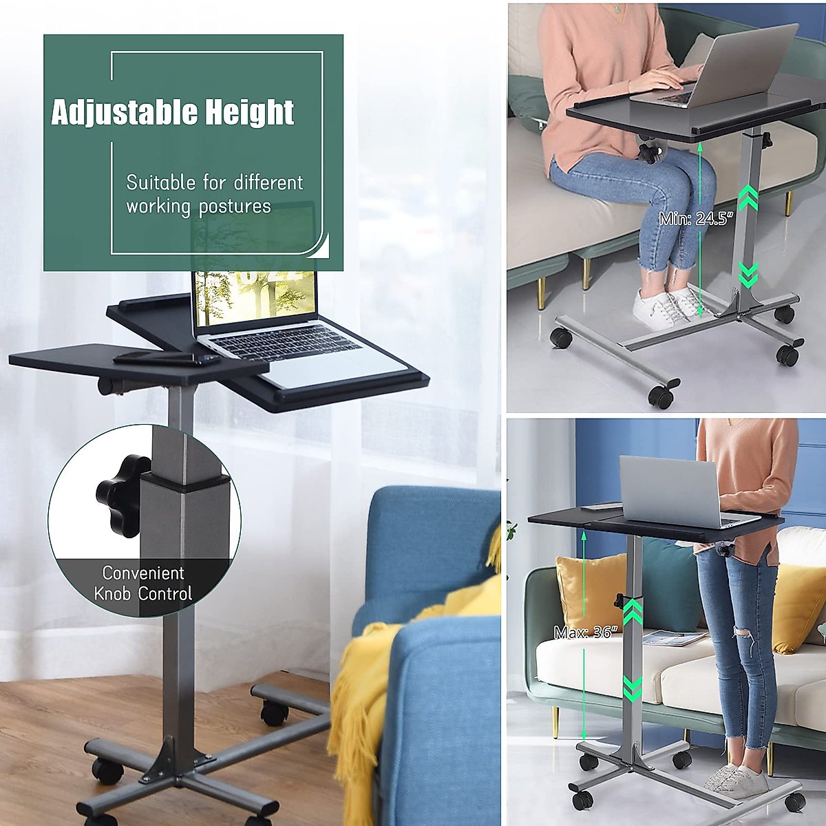 COSTWAY Rolling Laptop Stand, Mobile Laptop Tray and Cart with 45 °Degree Swivel Tilting Tabletop, Height Adjustable Mobile Podium from 24.5'' to 36'', Overbed Computer Workstation Table for Sofa, Bed