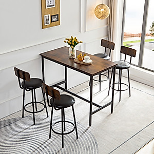 RuiSiSi Industrial Dining Bar Table Set with 4 Stools for Small Space, Metal Kitchen Dining Room Furniture Set with Back Rest Bar Chairs, Wood Tabletop and Upholstered Seat