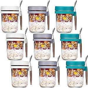 Irenare 9 Pcs Overnight Oats Containers with Lids and Spoons 12 oz Overnight Oats Jars Oatmeal Container Glass Mason Jars for Overnight Oats Meal Prep Yogurt Salad Fruit