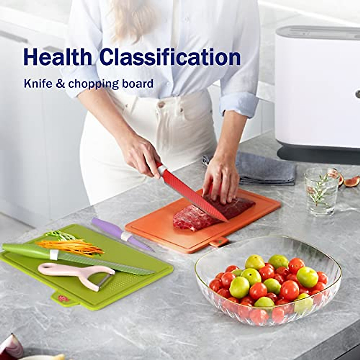 Smart Cutting Board and Knife Set with Stand, Knife Block Holder, Self Cleaning Chopping Board for Kitchen/Outdoor Camping, 4 Knives, 2 Color Chopping Boards, USB/Solar Charging, Portable and Clean