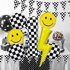 One Happy Dude Balloon Set 40" Black One Smile Face Checkered Balloons Yellow Lightning Balloon for One Happy Dude Birthday Decorations Smiley Face Party Decorations