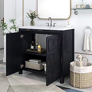 36 in Bathroom Vanity with Sink, 2 Doors and Adjustable Shelf, Wood Bathroom Sink Cabinet,Modern Freestanding Black Bathroom Vanities with Sink Combo