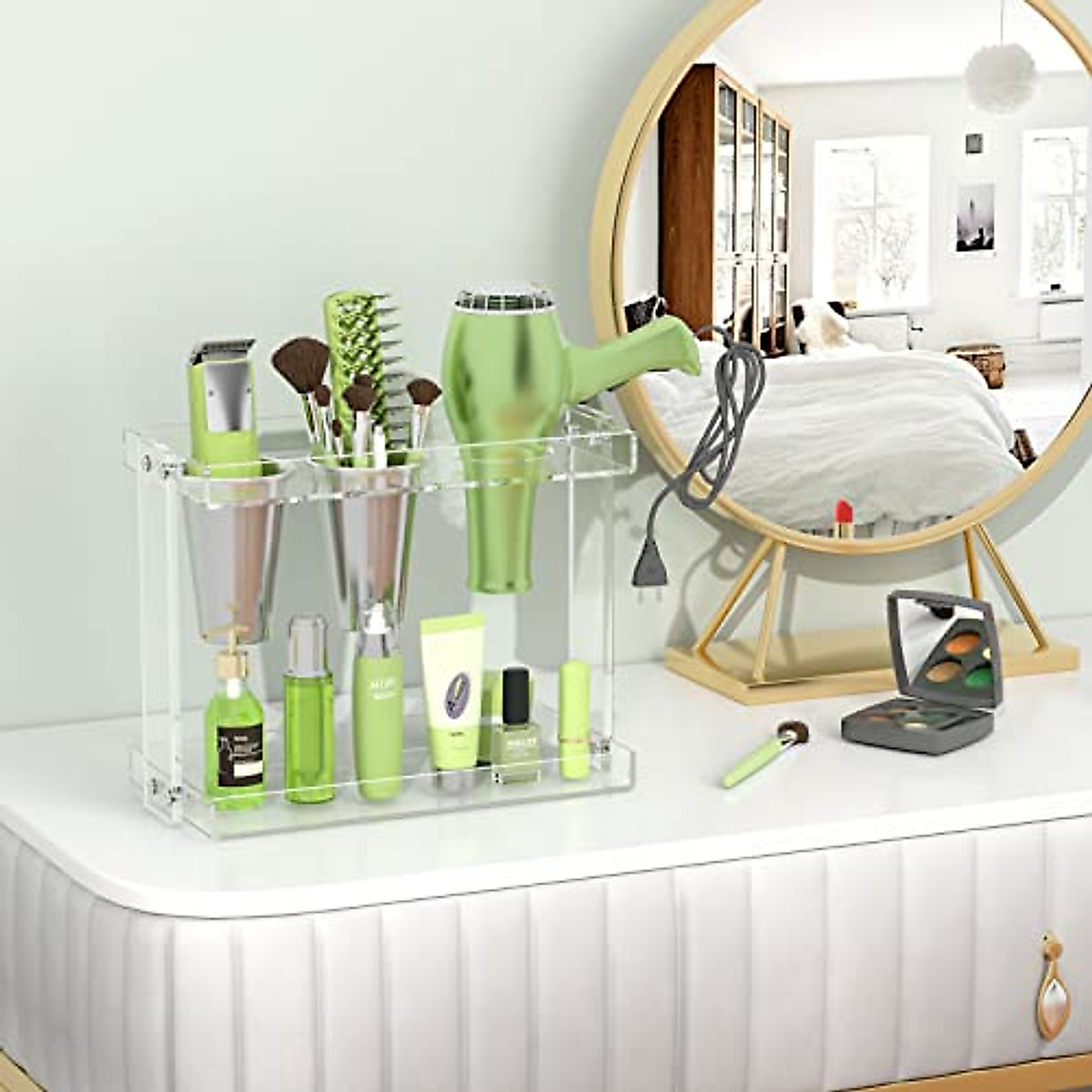 HIIMIEI Hair Tool Organizer, Clear Acrylic Blow Dryer and Curling Iron Holder, 2 Tier Bathroom Counter Storage, Vanity hairdryer Stand for Lotion Makeup Cosmetics Perfume Makeup Toiletries