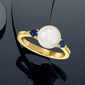 Ross-Simons 8mm Cultured Pearl and .30 ct. t.w. Sapphire Ring in 18kt Gold Over Sterling. Size 6