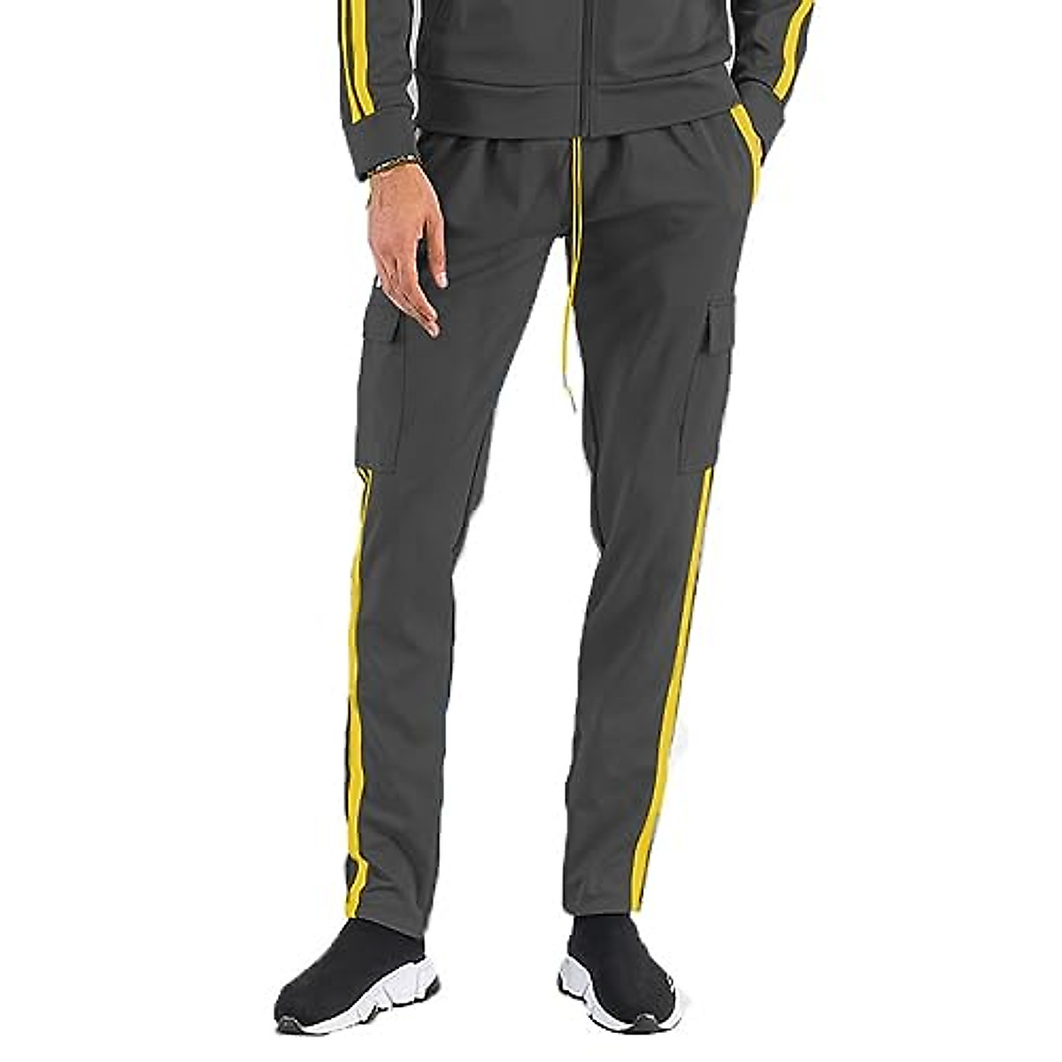 Weiv Gear Men’s Track Pants – Casual Two Stripe Cargo Pocket Ankle Zipper Sweatpants Joggers Active Athletic Workout TP500 BLKYEL M Black/Yellow