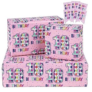 RUSPEPA Birthday Wrapping Paper Sheets with Gift Tags for Teenager Girls' Birthday Gift Wrap, 6 Fold on Sheets Each Set, 27 inches x 19 inches, Age 16
